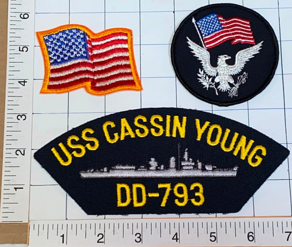 3 VINTAGE USS CASSIN YOUNG DD-793 US NAVY DESTROYER EMBLEM CREST PATCH ...
